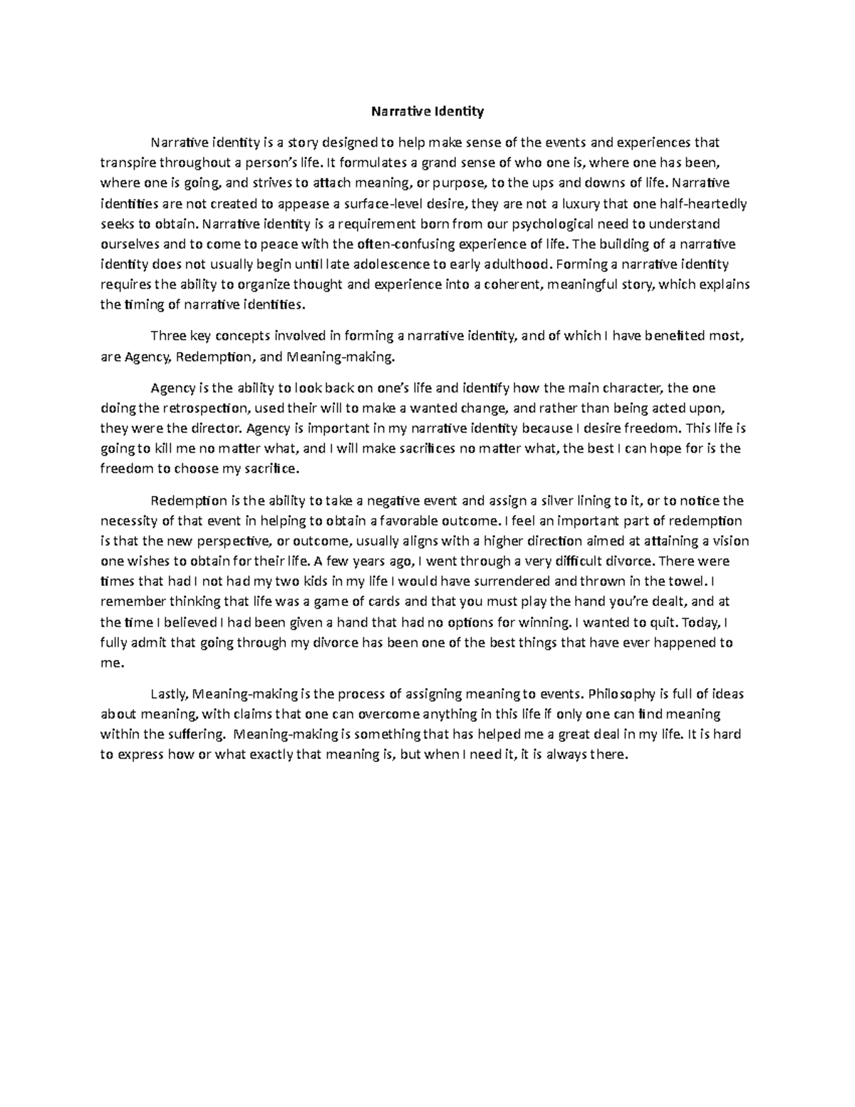 Narrative Identity: Understanding Self Through Agency, Redemption ...