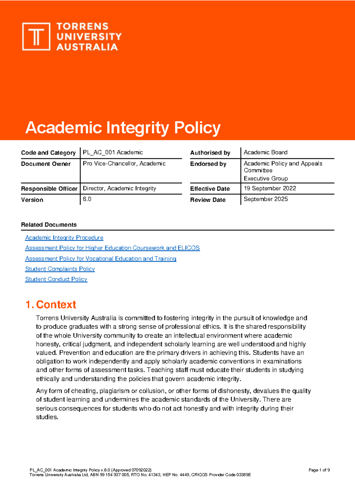 PL_AC_001 Academic Integrity Policy Overview and Guidelines (Approved ...