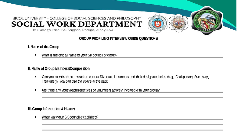 SK Council Group Profiling Interview Guide Questions - Studocu