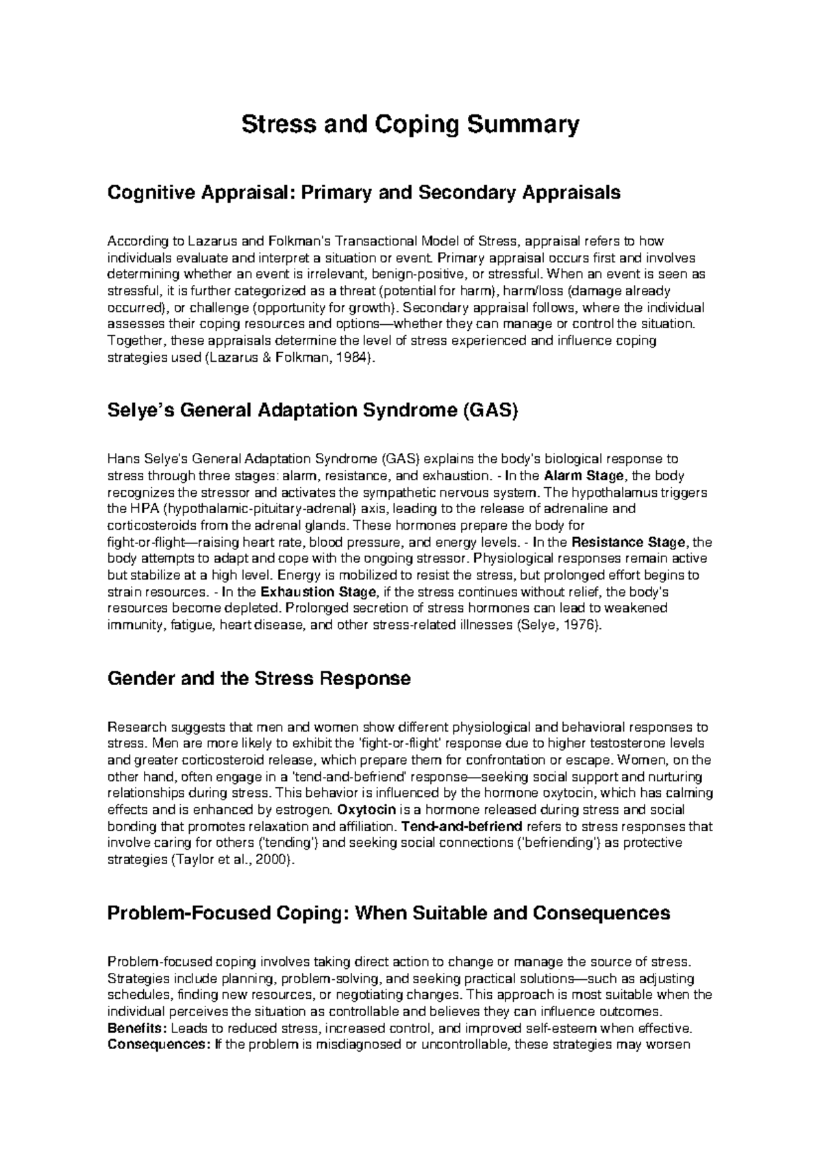 Stress and Coping: Summary of Theories and Strategies (PSY 101) - Studocu