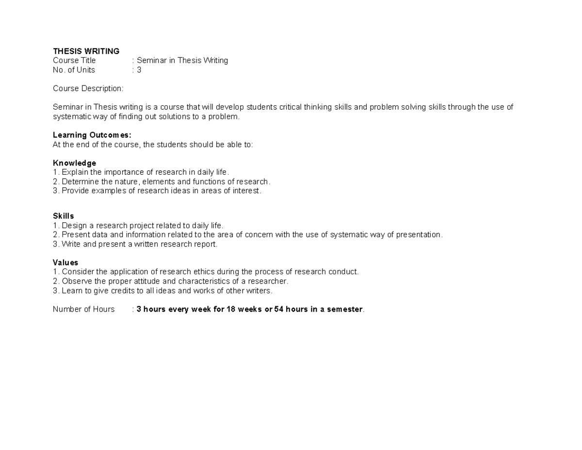 Thesis- Writing - Self-made course guide - THESIS WRITING Course Title ...