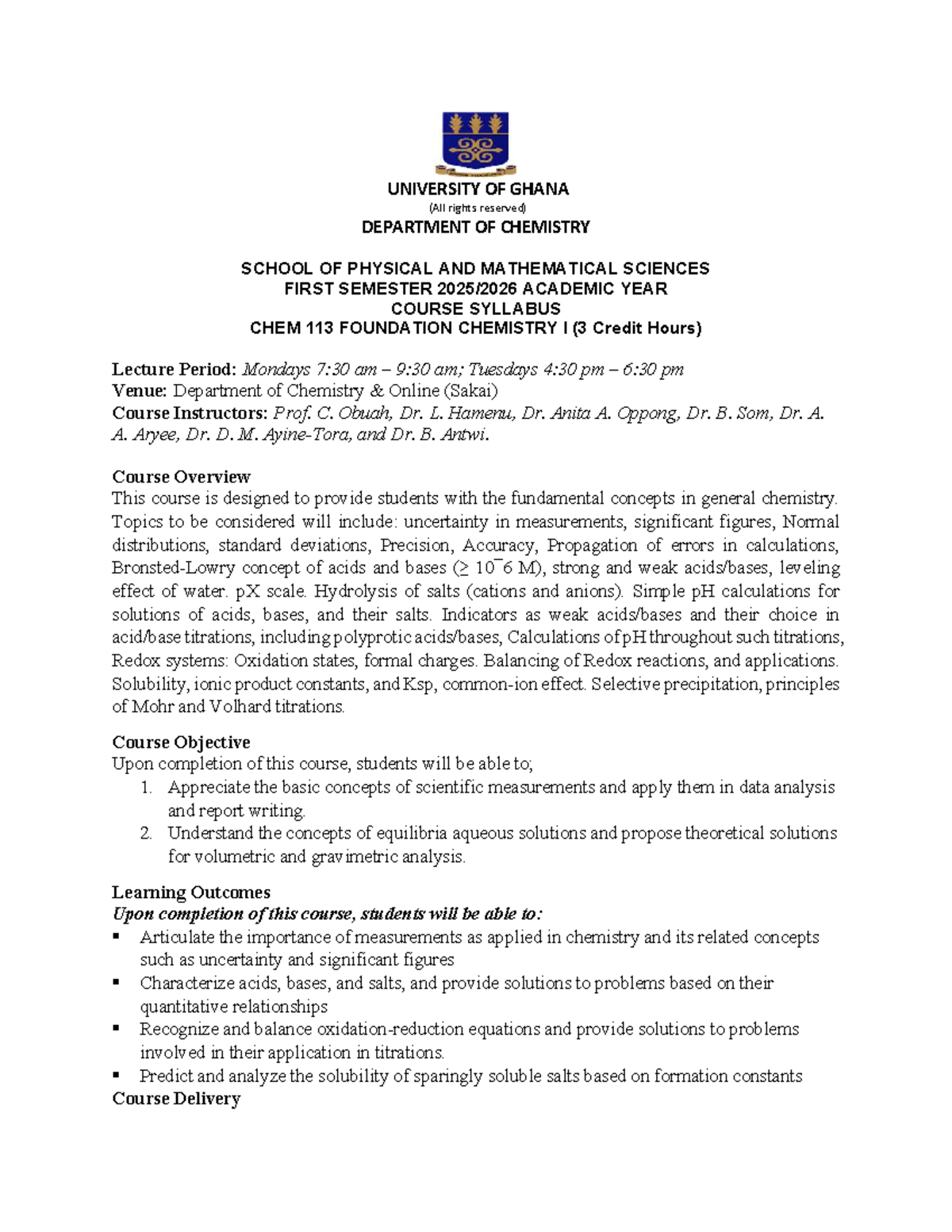 CHEM 113 Foundation Chemistry I Course Outline - 2026 - Studocu