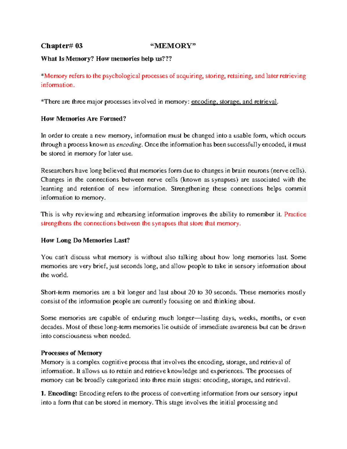 Chapter 3. Memory notes pdf - Chapter# 03 “MEMORY” What Is Memory? How ...