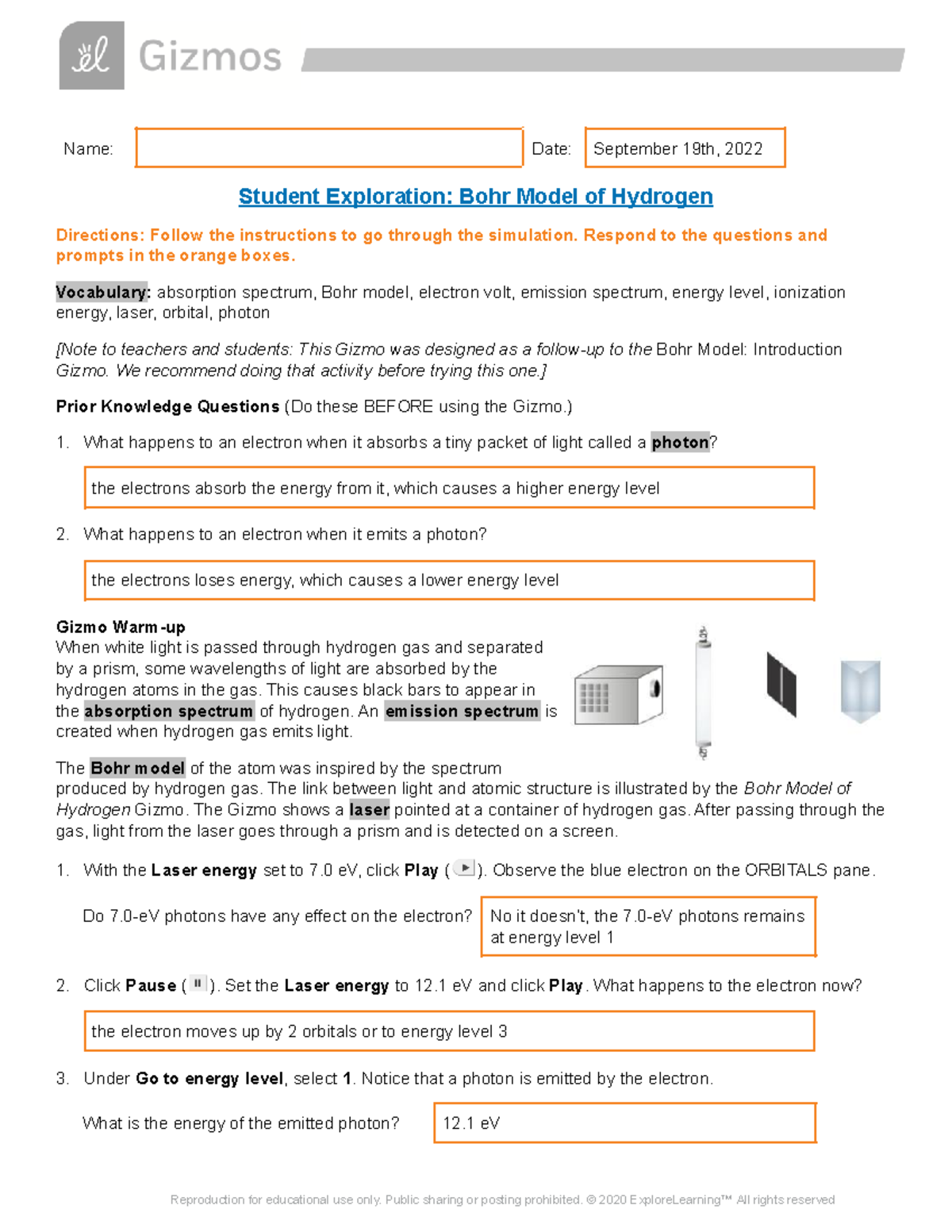 Jasmine Merali - Gizmo - Bohr's Model of Hydrogen - Name: Date ...