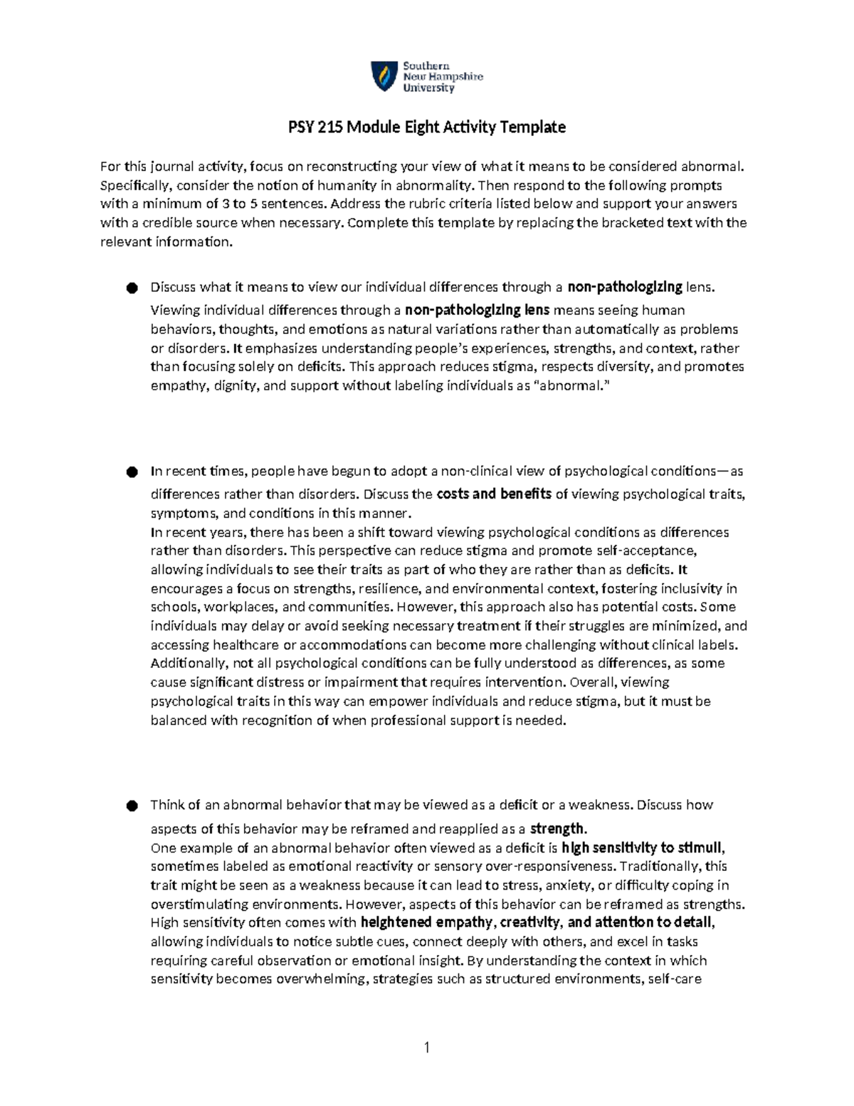 PSY 215 Journal Activity: Reframing Abnormality and Sensitivity - Studocu