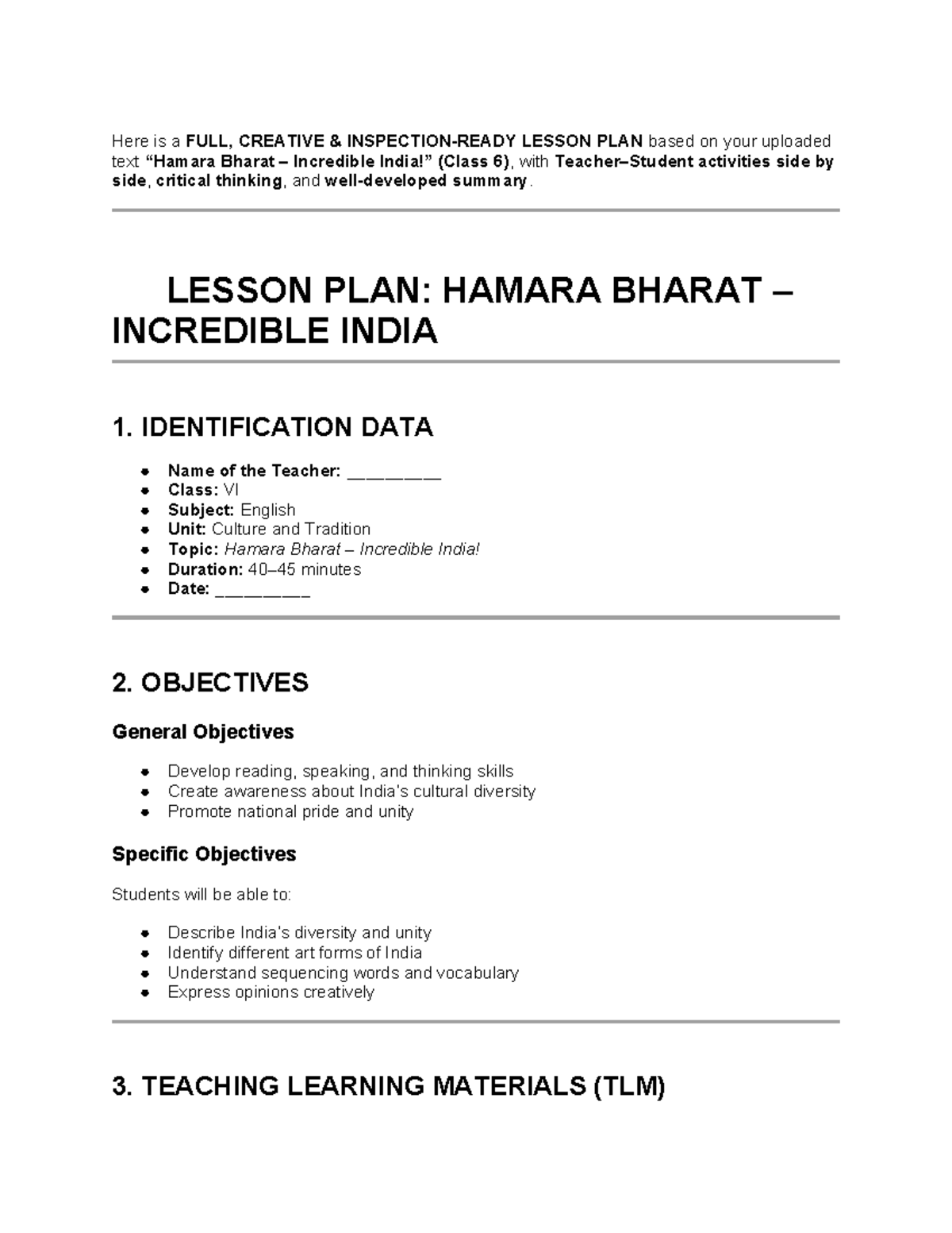 Creative Lesson Plan: Hamara Bharat Incredible India (Class 6) - Studocu