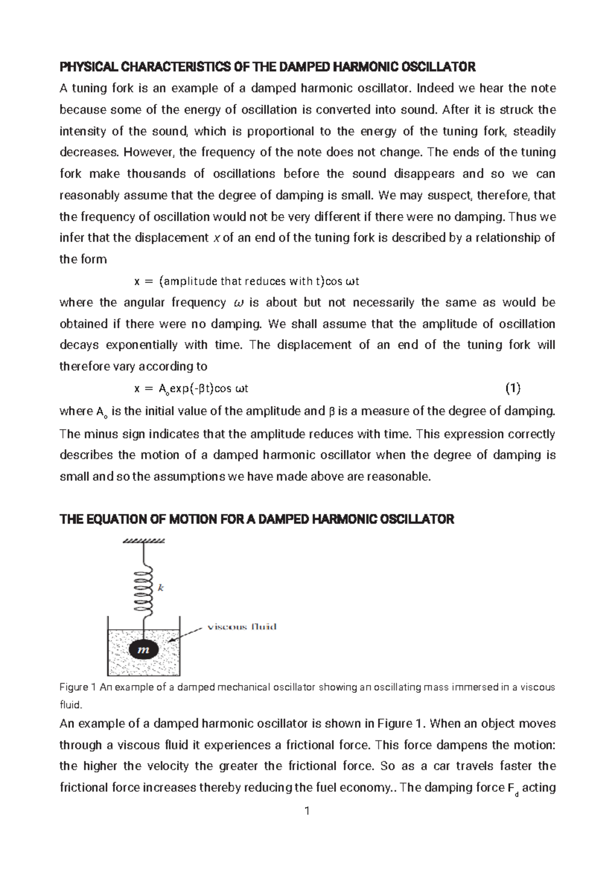 PHY104 Lecture Note 2: Physical Characteristics of Damped Harmonic ...