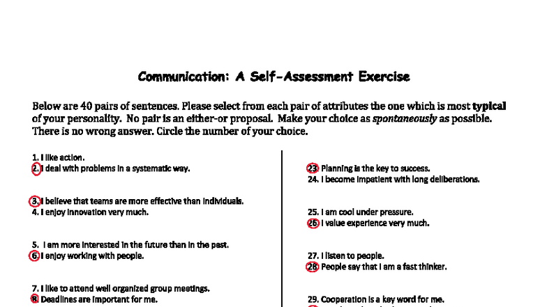 Communication Self-Assessment Exercise: Understanding Your Style - Studocu