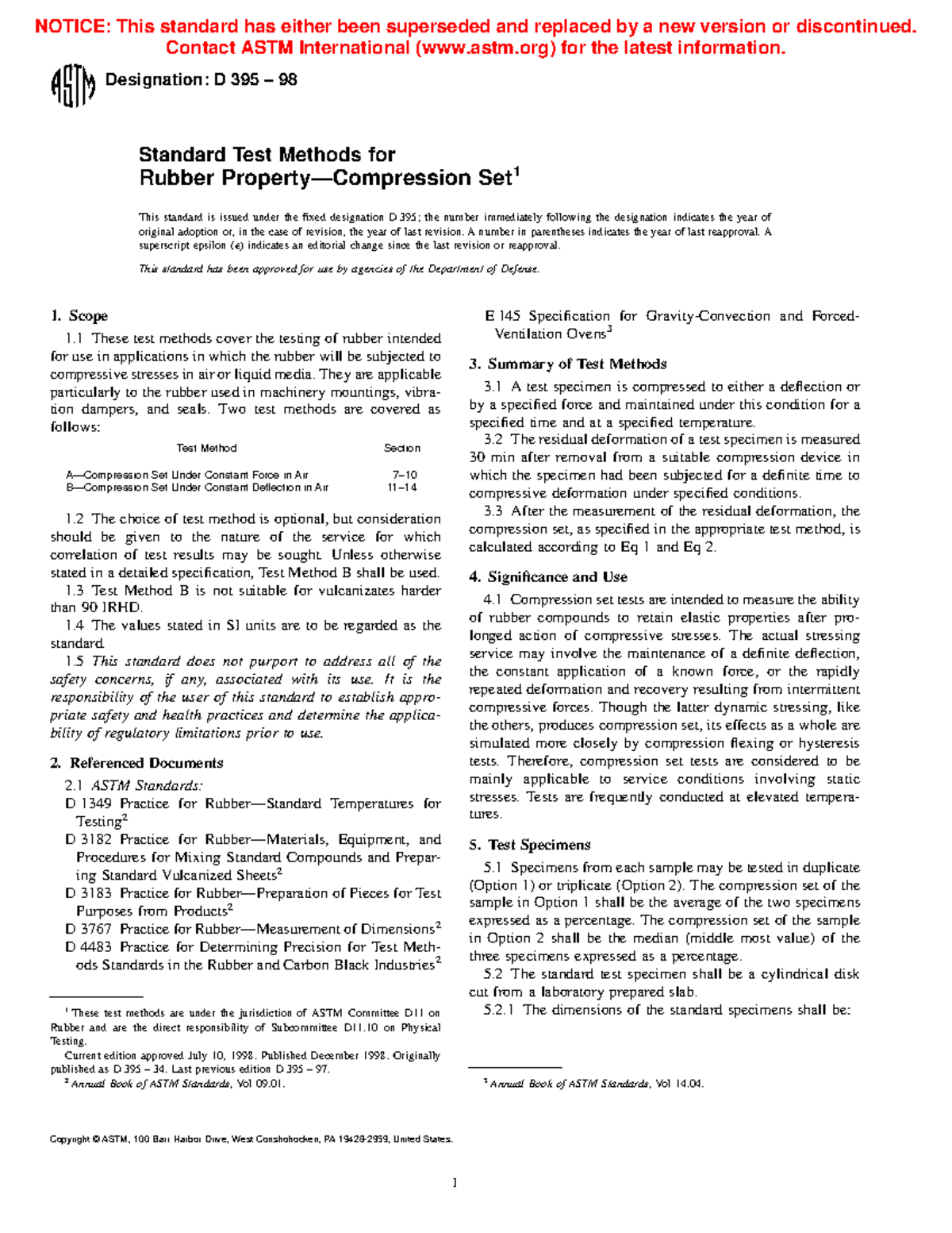 D 395 – 98 Standard Test Methods for Rubber Compression Set Testing ...