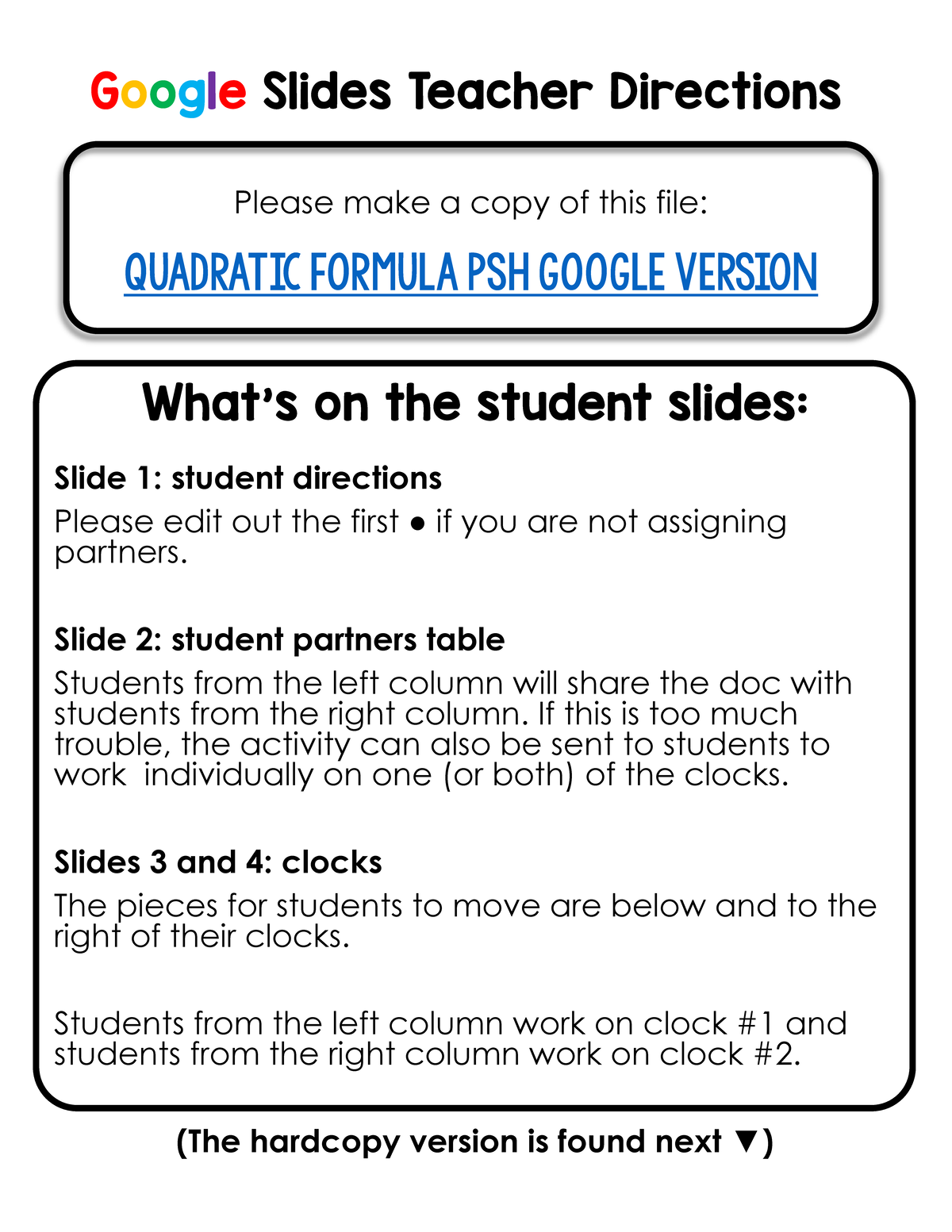 Quadratic Formula PSH Activity Directions for Google Slides - Studocu