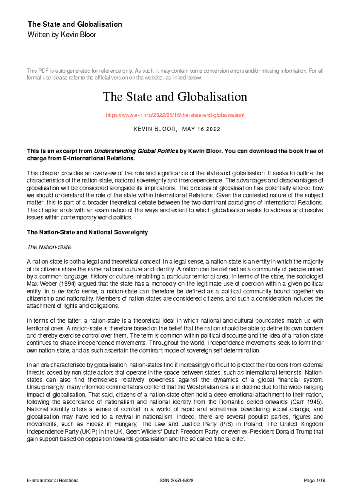 The State and Globalisation: An Overview of Sovereignty and ...