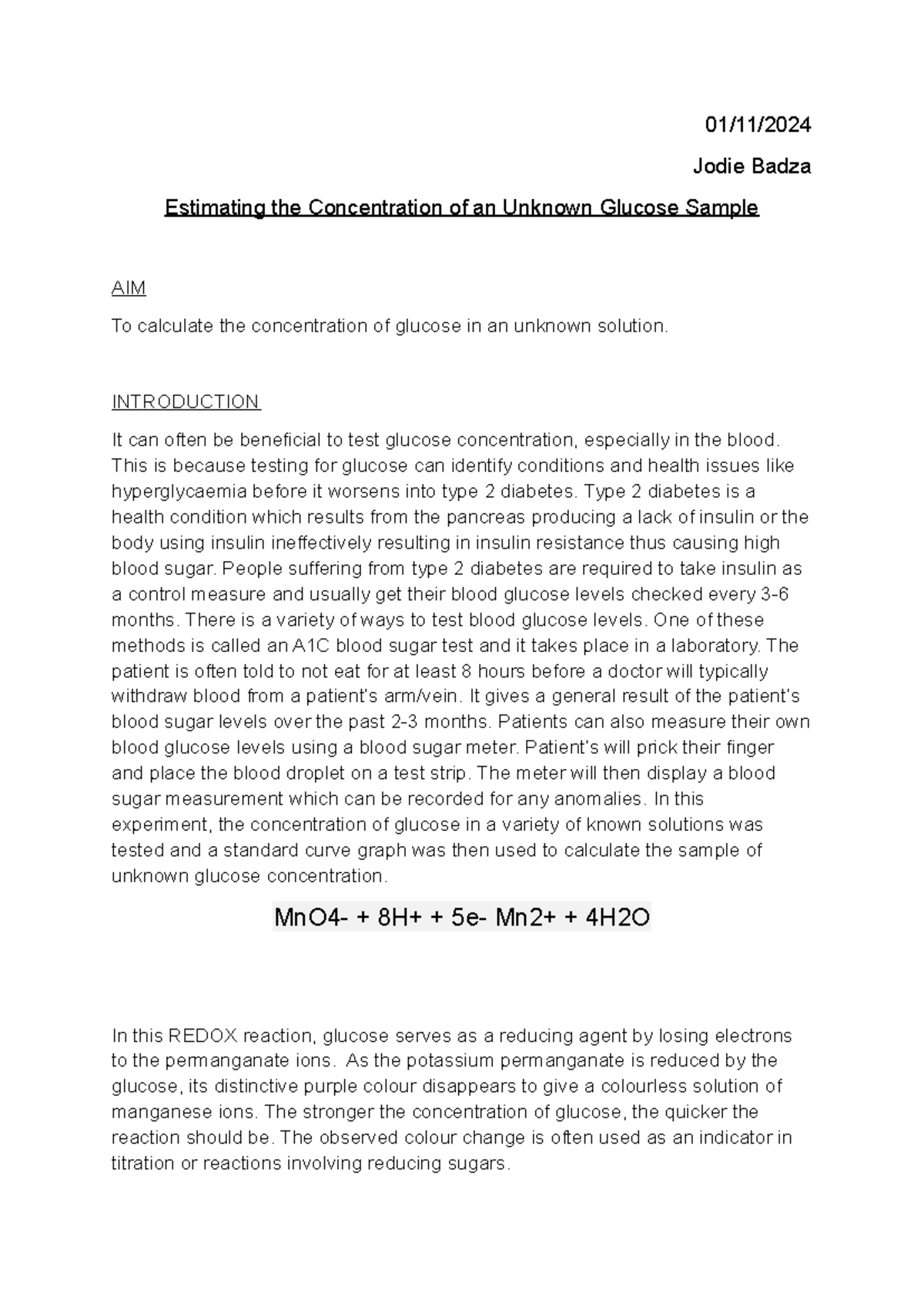 Glucose Concentration Analysis Lab Report (Biology 101) - Studocu