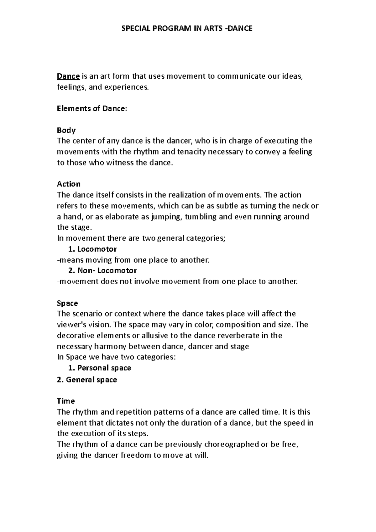 Dance Module for Junior & Senior High School - BASTE Elements Overview ...