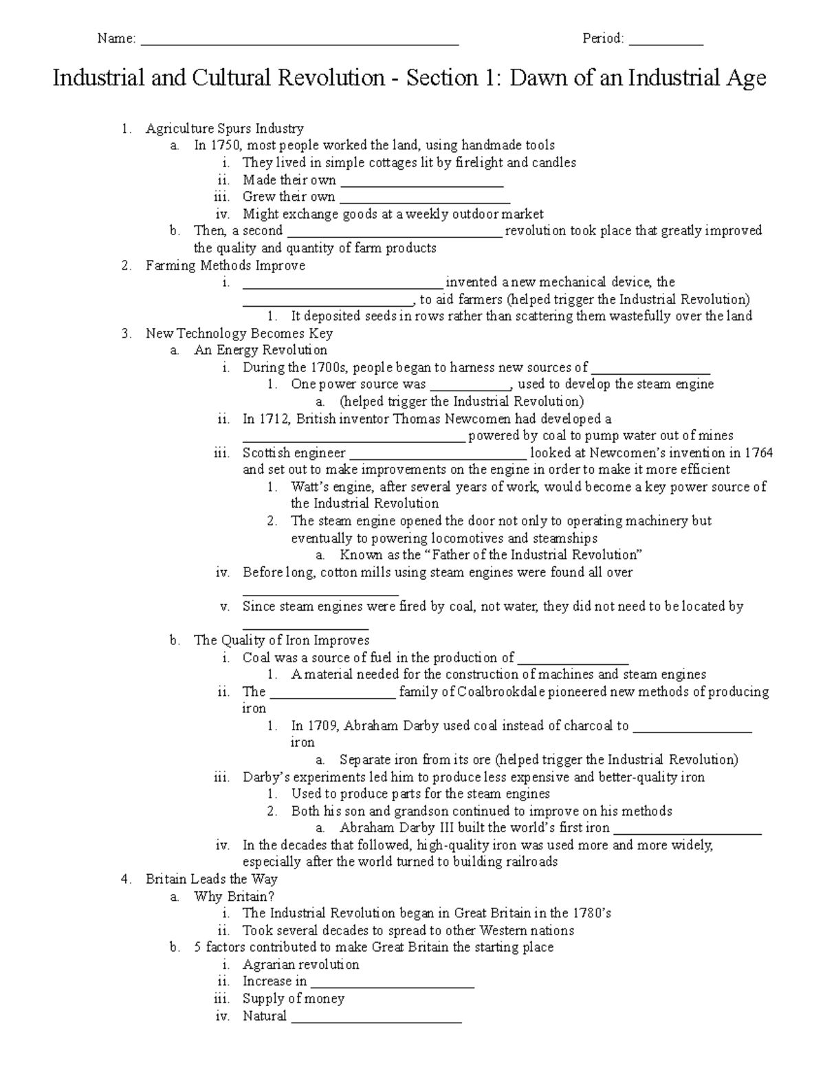 5 - Industrial Revolution Fill-in-blank Notes - Name