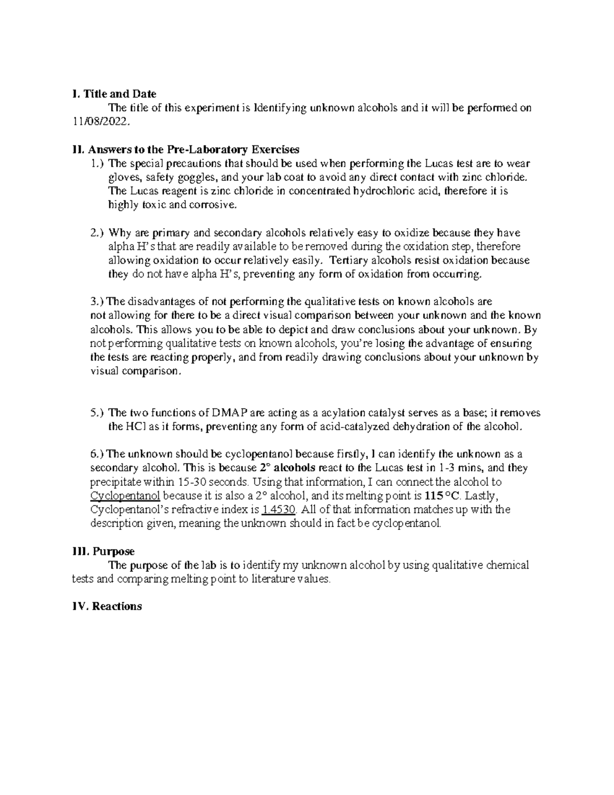 Lab Report 11: Identifying Unknown Alcohols via Qualitative Tests - Studocu