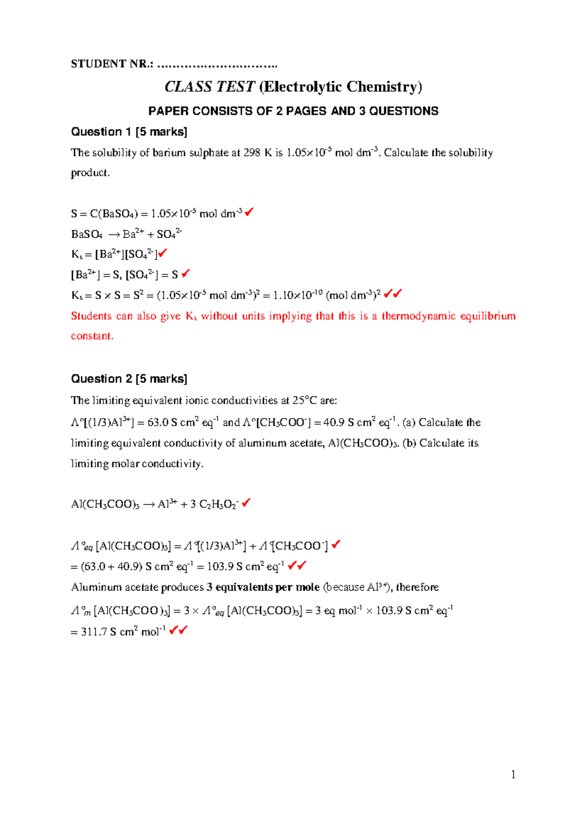 Class Test (Electrolytic Chemistry) - Solubility & Conductivity ...