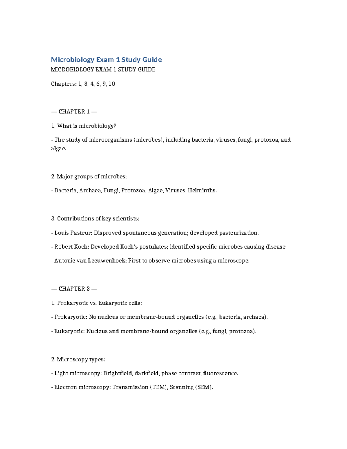 Microbiology Exam 1 Study Guide: Key Concepts from Chapters 1, 3, 4, 6 ...