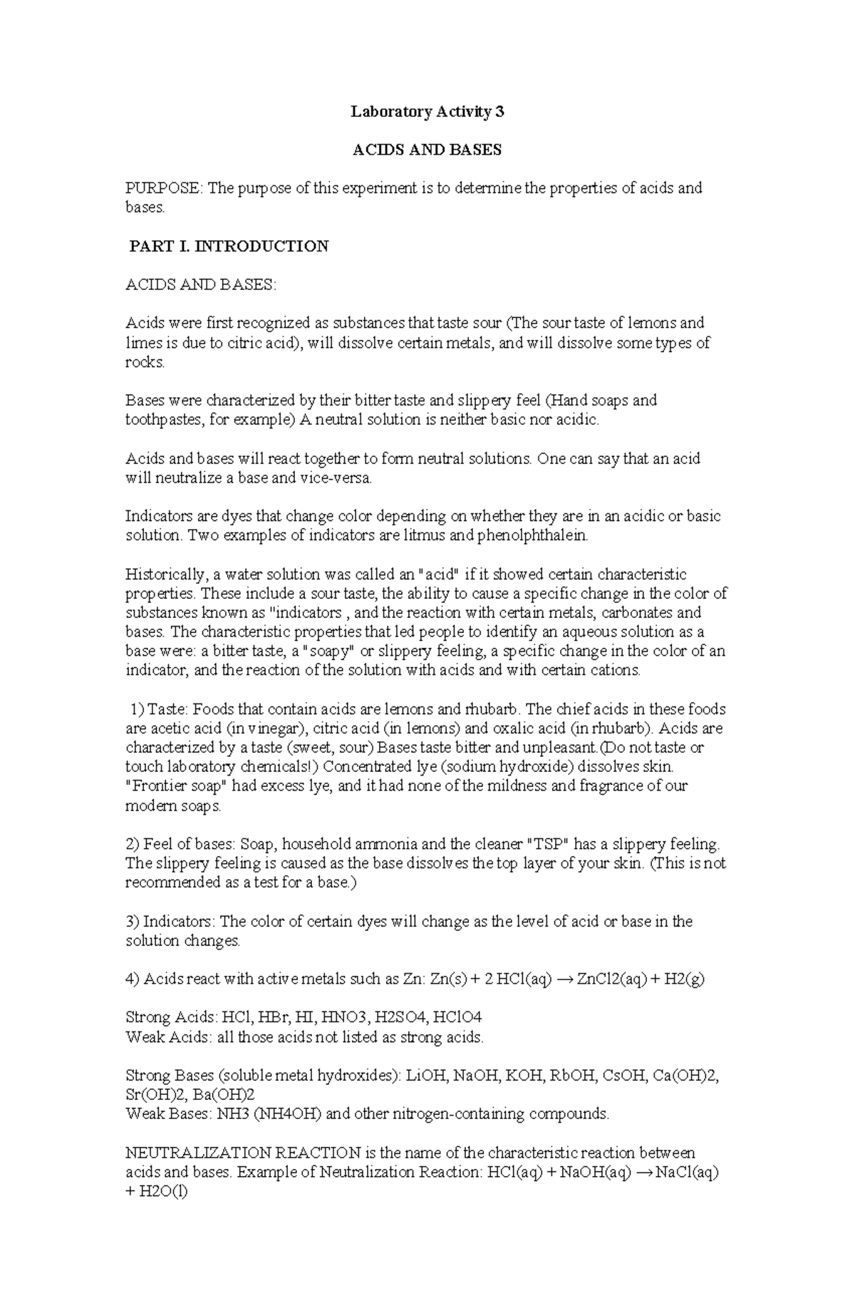 Lab Activity 3: Investigating Acids and Bases Properties and Reactions ...