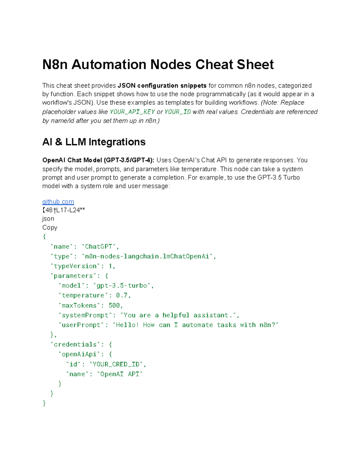 N8n Automation Nodes Cheat Sheet: JSON Configurations & Examples - Studocu