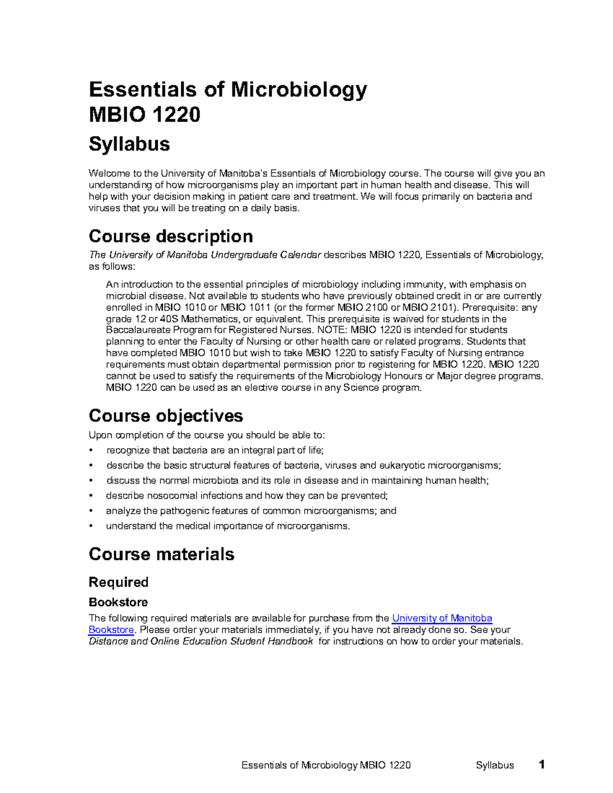 MBIO 1220 Distance Ed Course Outline F2017 - Essentials of Microbiology MBIO 1220 Syllabus 1 ...
