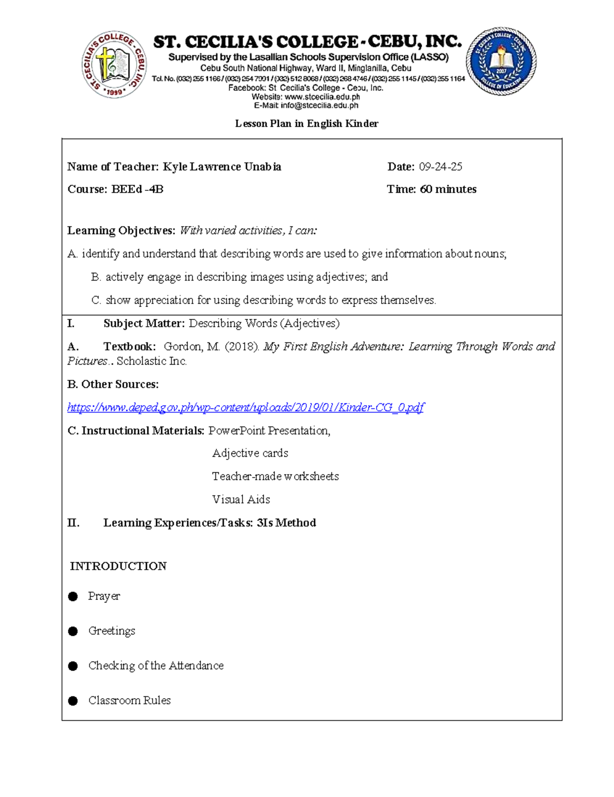 BEEd Kinder Lesson Plan: Describing Words (Adjectives) - Studocu