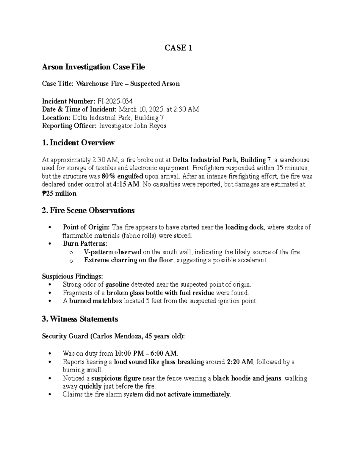 Arson Investigation Case File: Warehouse Fire - Suspected Arson (Case 1 ...