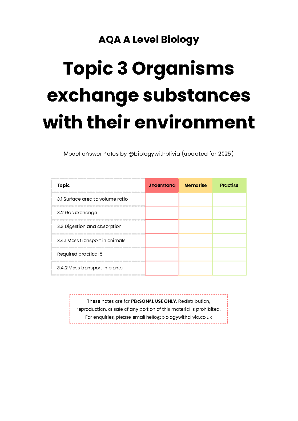 AQA A Level Biology Topic 3: Organisms Exchange Substances (2025 Update ...