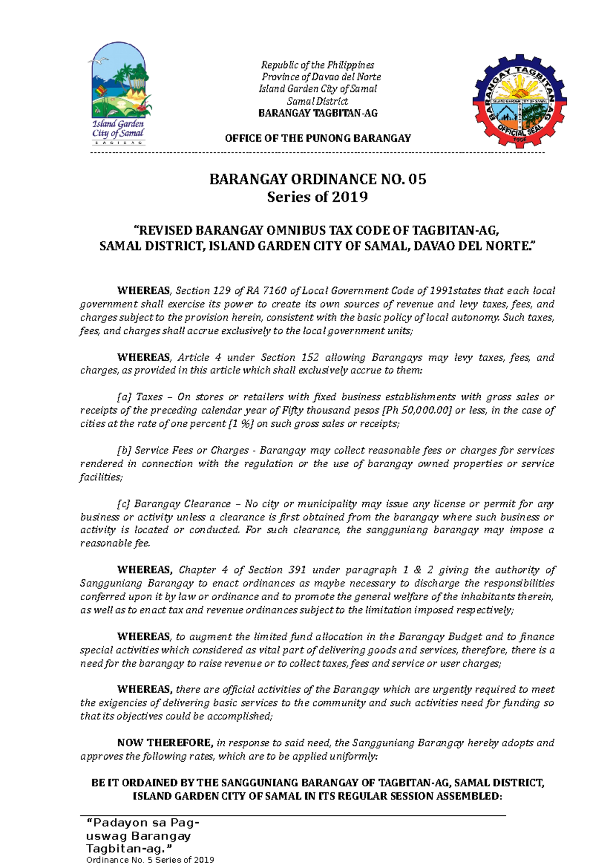 Revised Barangay Omnibus Tax Code of Tagbitan-Ag (Ordinance 05, 2019 ...