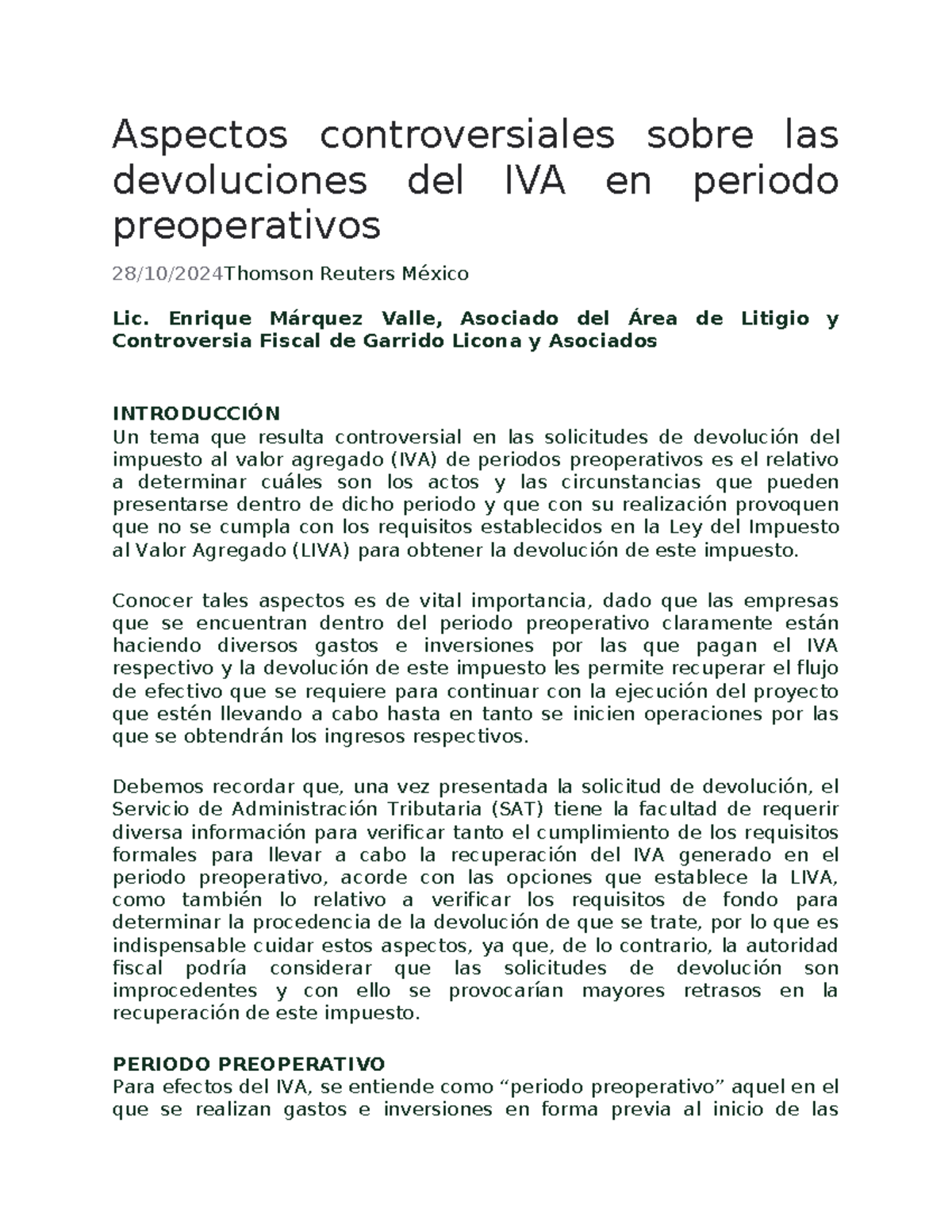 Aspectos Controversiales de Devoluciones del IVA en Periodo ...