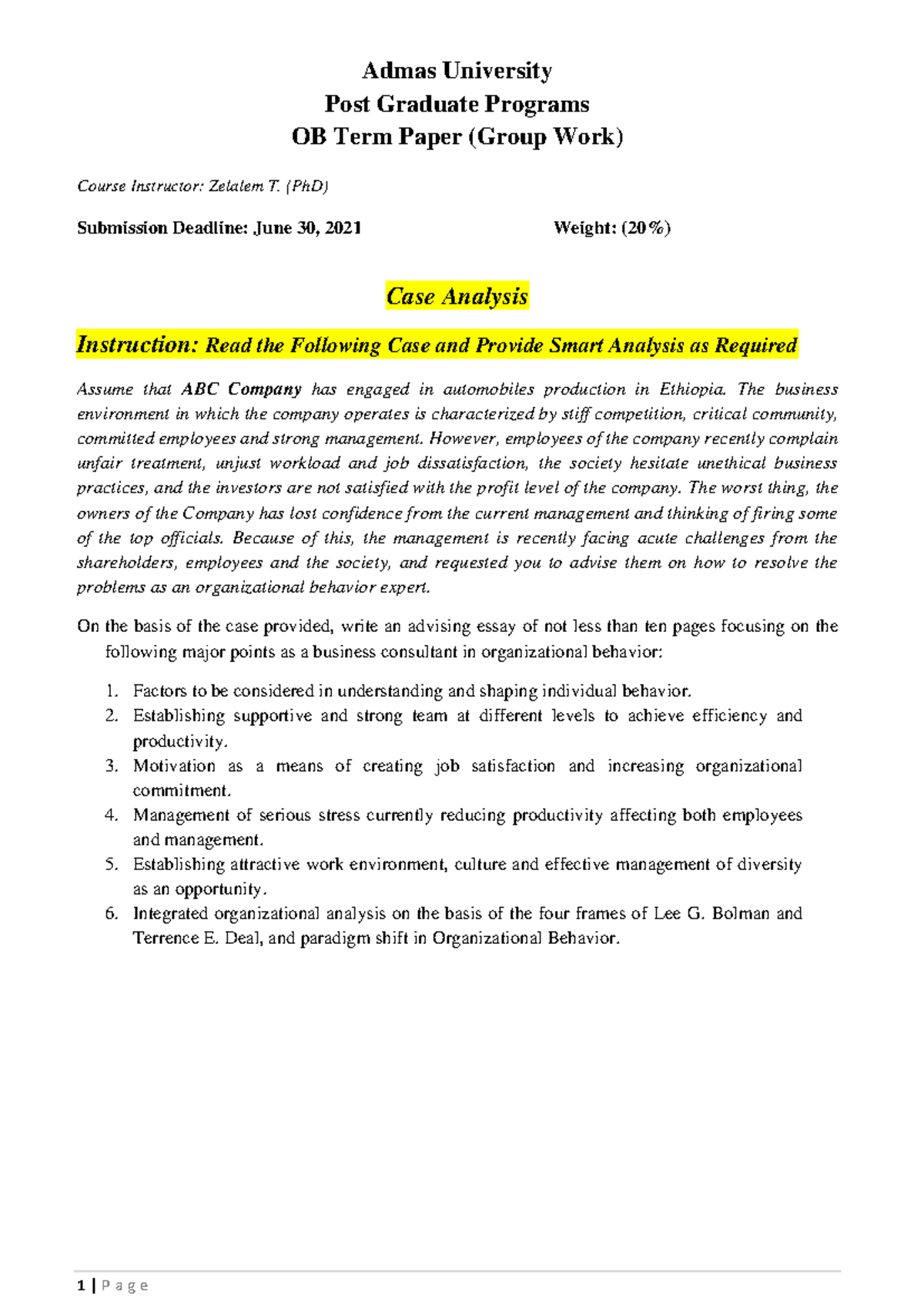 OB Case Study Analysis: Strategies for Improving ABC Company - Studocu