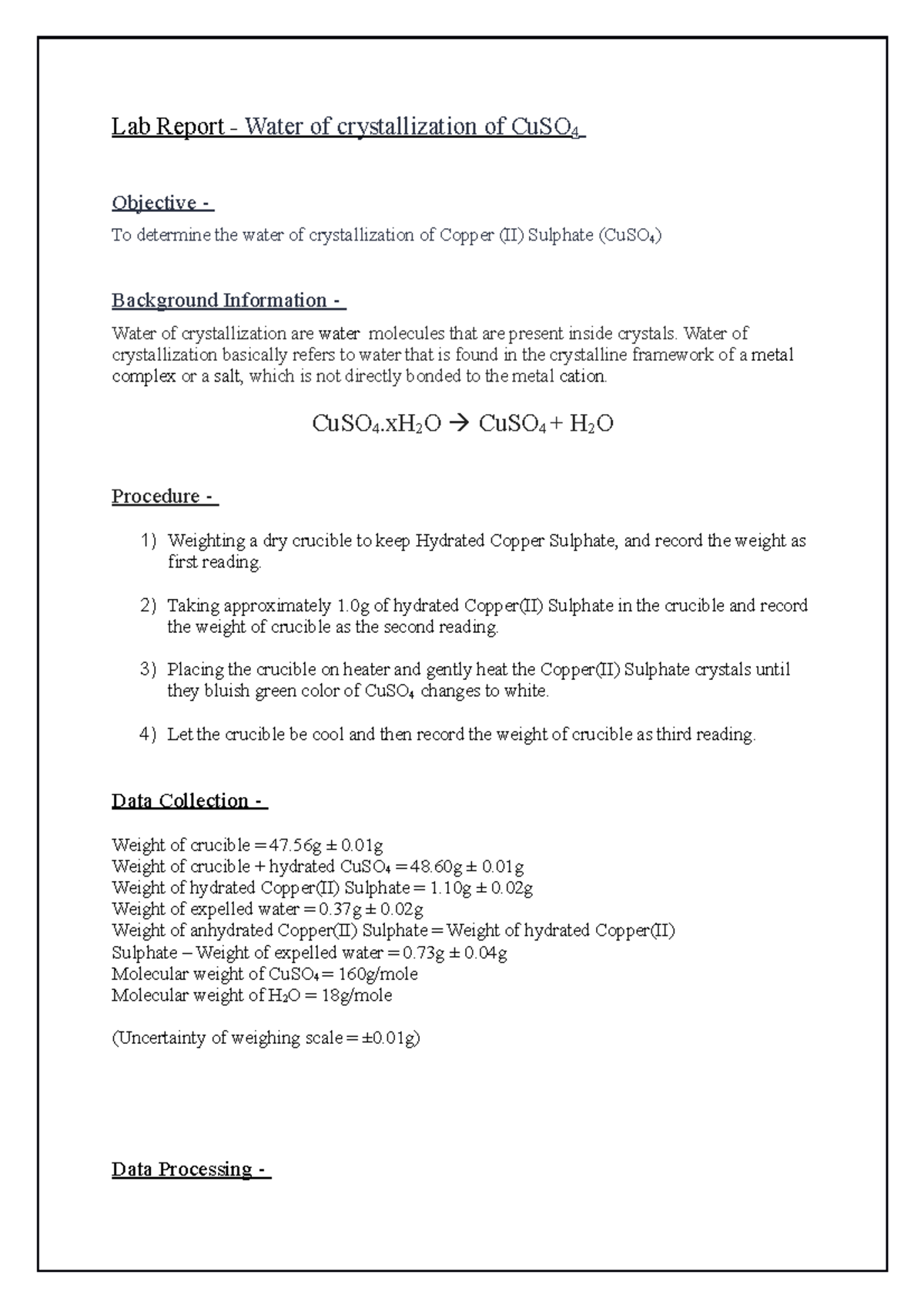 Lab Report: Water of Crystallization of CuSO4 (CuSO4 . xH2O) - Studocu