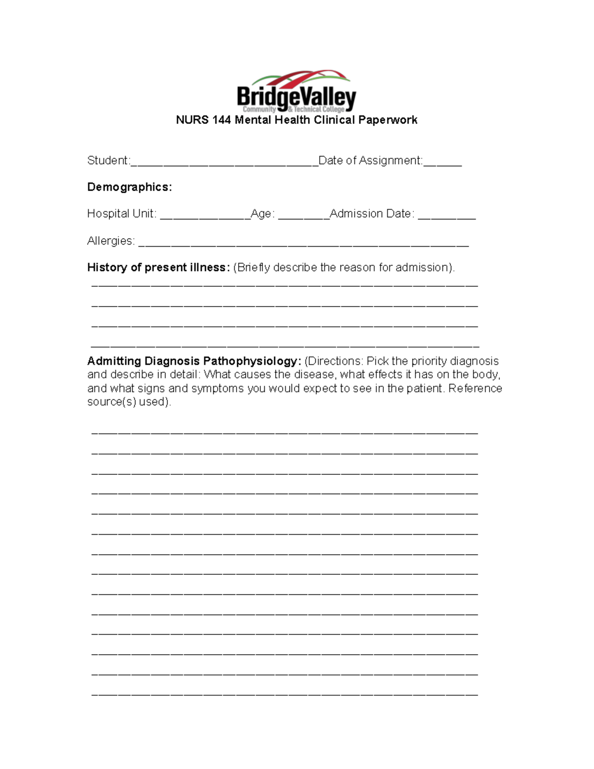 NURS 144 Mental Health Clinical Paperwork: Patient Assessment ...