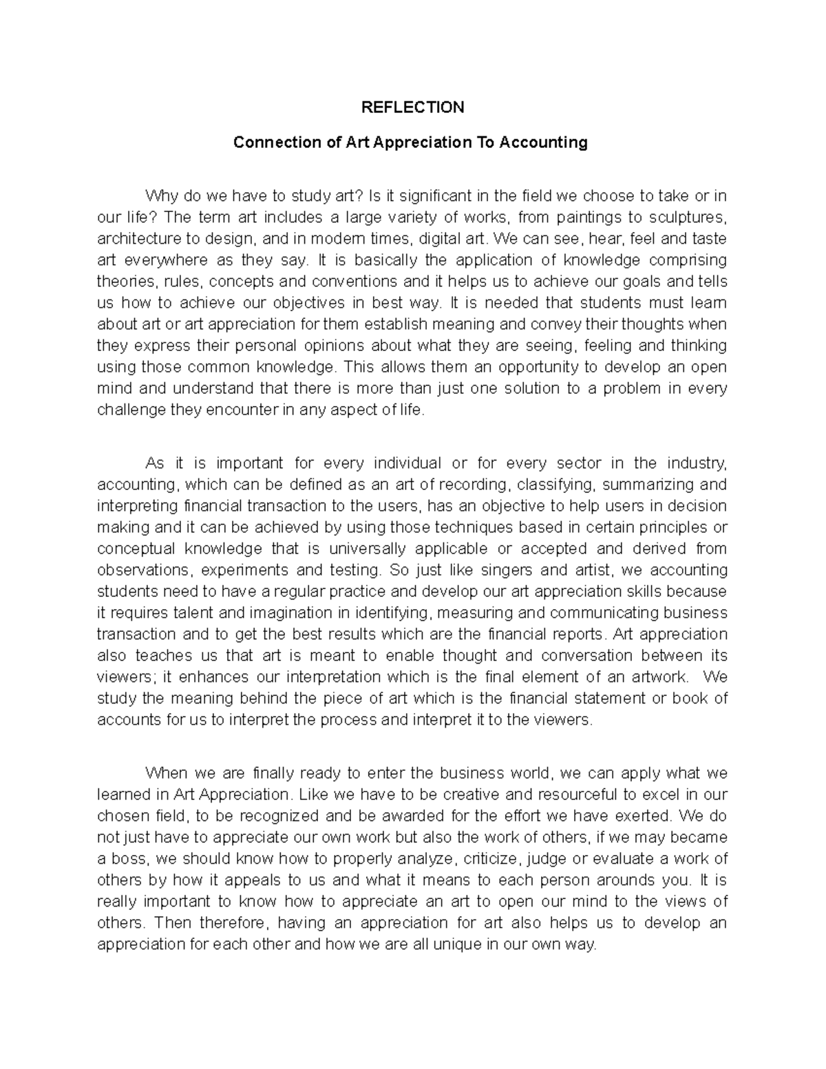 ART Appreciation Essay - REFLECTION Connection of Art Appreciation To ...