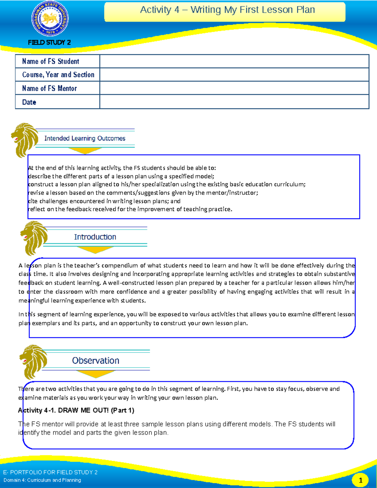FS-2-Activity 4: Reflecting on Lesson Plan Construction - Studocu