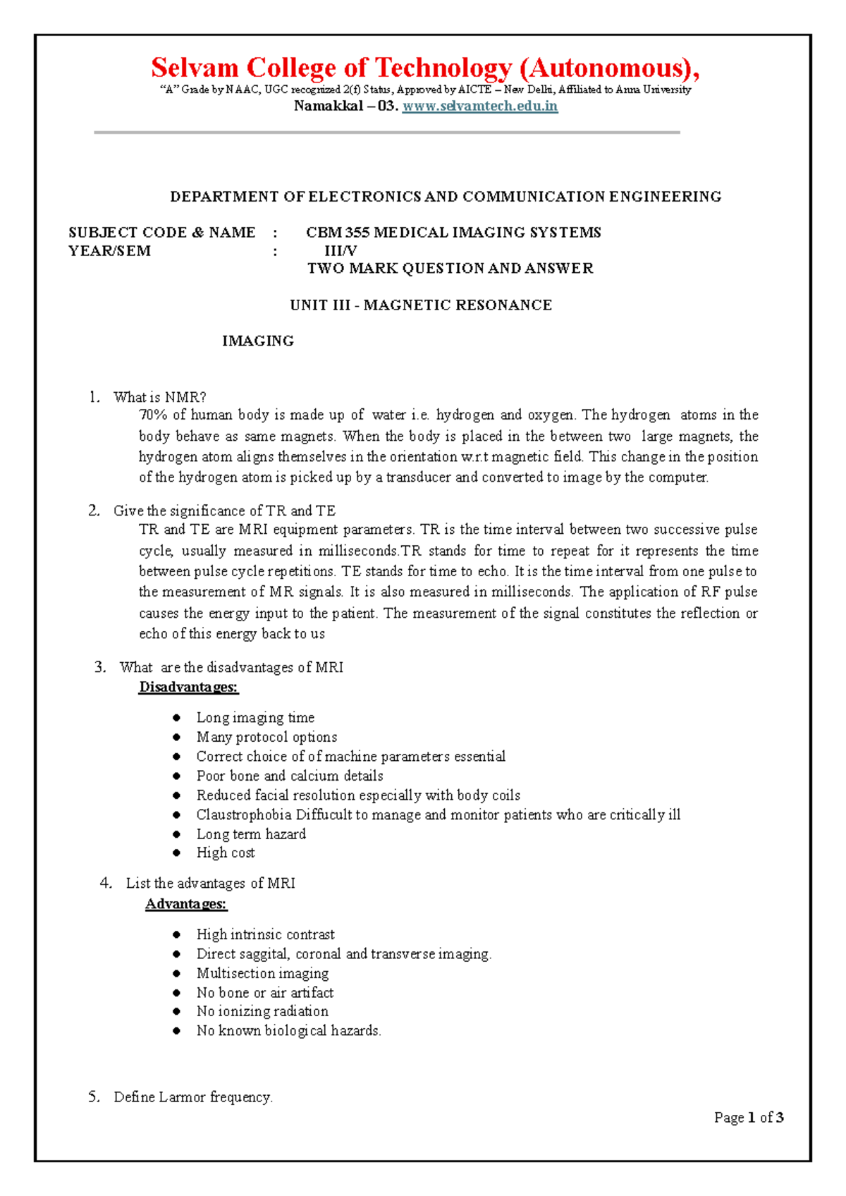 CBM355 Medical Imaging Systems: Unit III 2-Mark Q&A Guide - Studocu