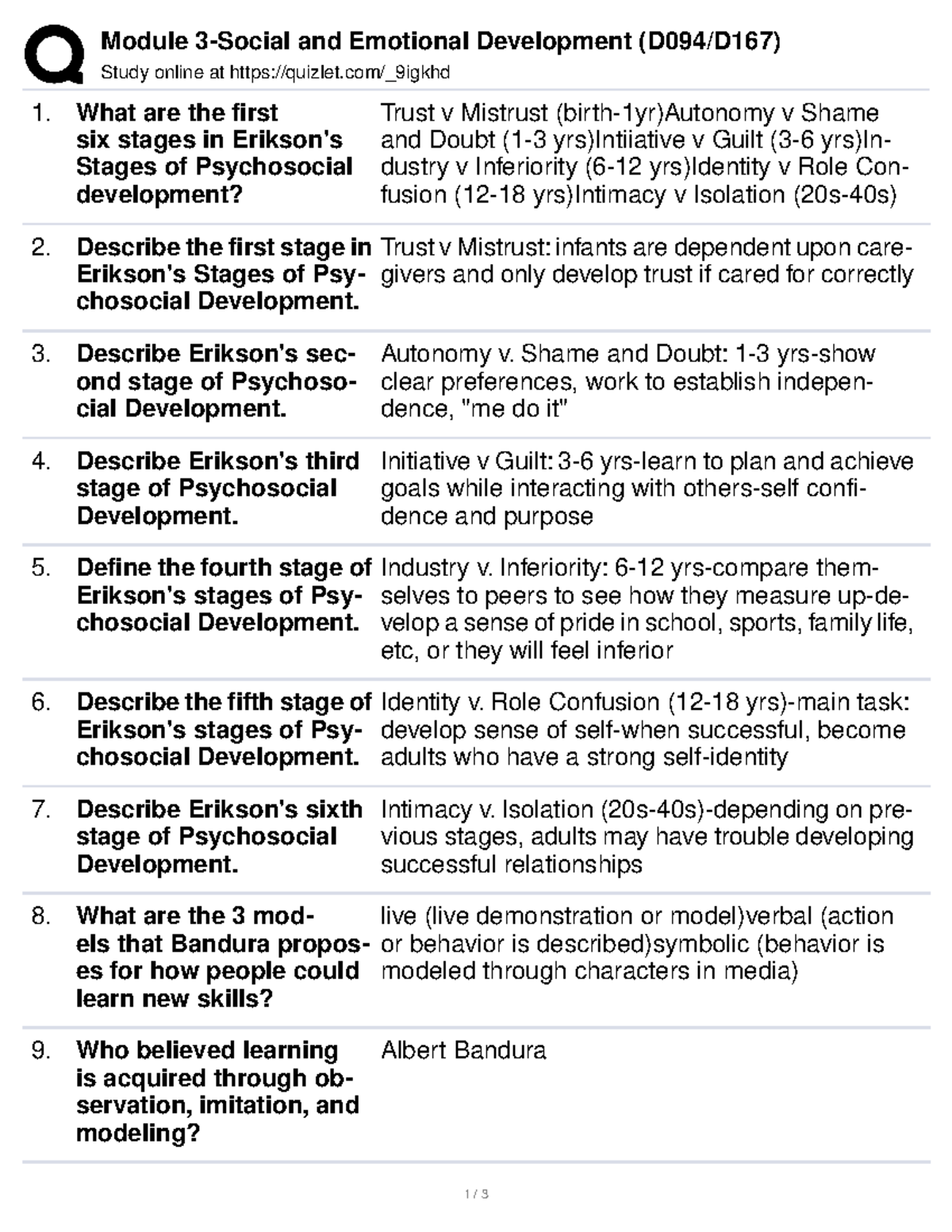 Module 3 key terms - Module 3-Social and Emotional Development (D094 ...