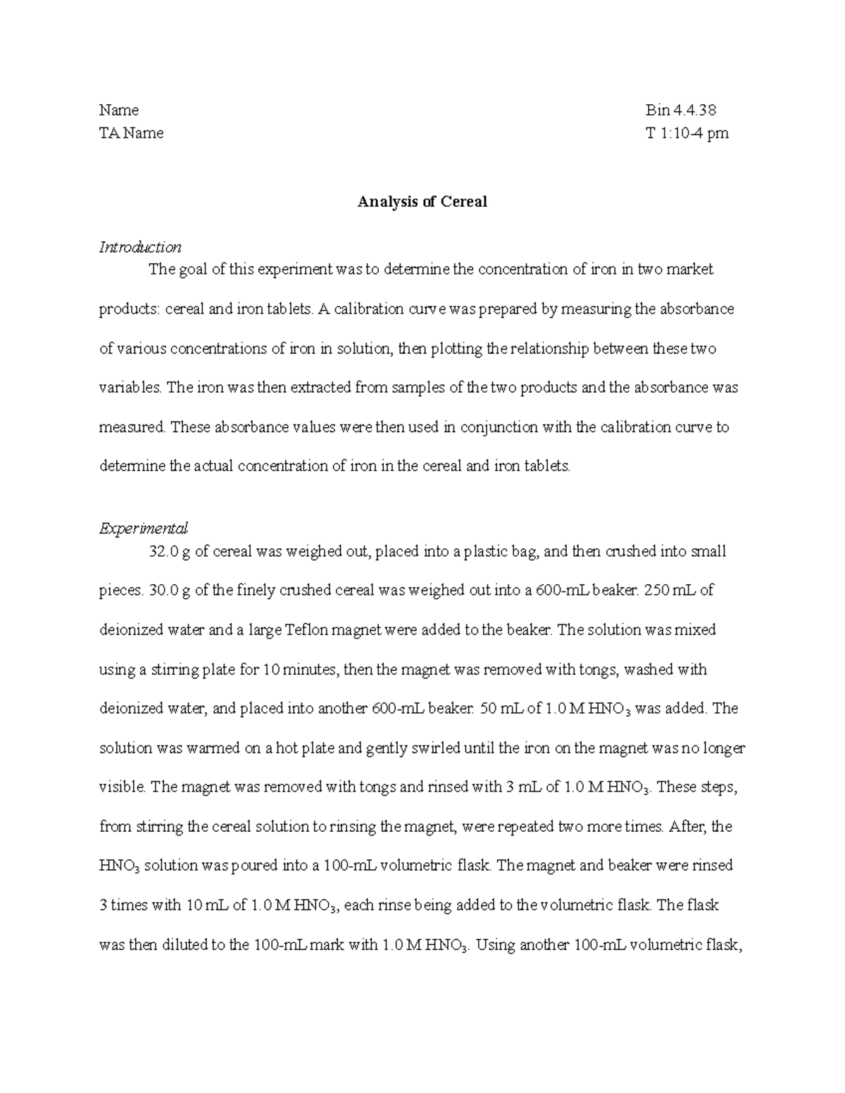 Lab Report 7: Analyzing Iron Concentration in Cereal & Iron Tablets ...