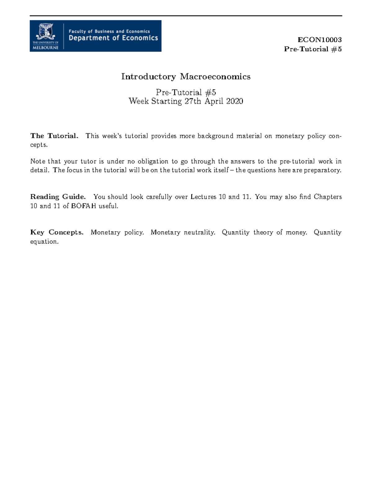 Intro Macro pre tut 5 - ECON Pre-Tutorial # Introductory Macroeconomics ...
