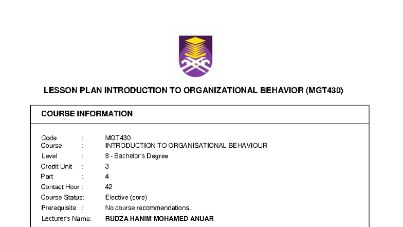 MGT430 Lesson Plan: Introduction to Organizational Behavior Notes - Studocu