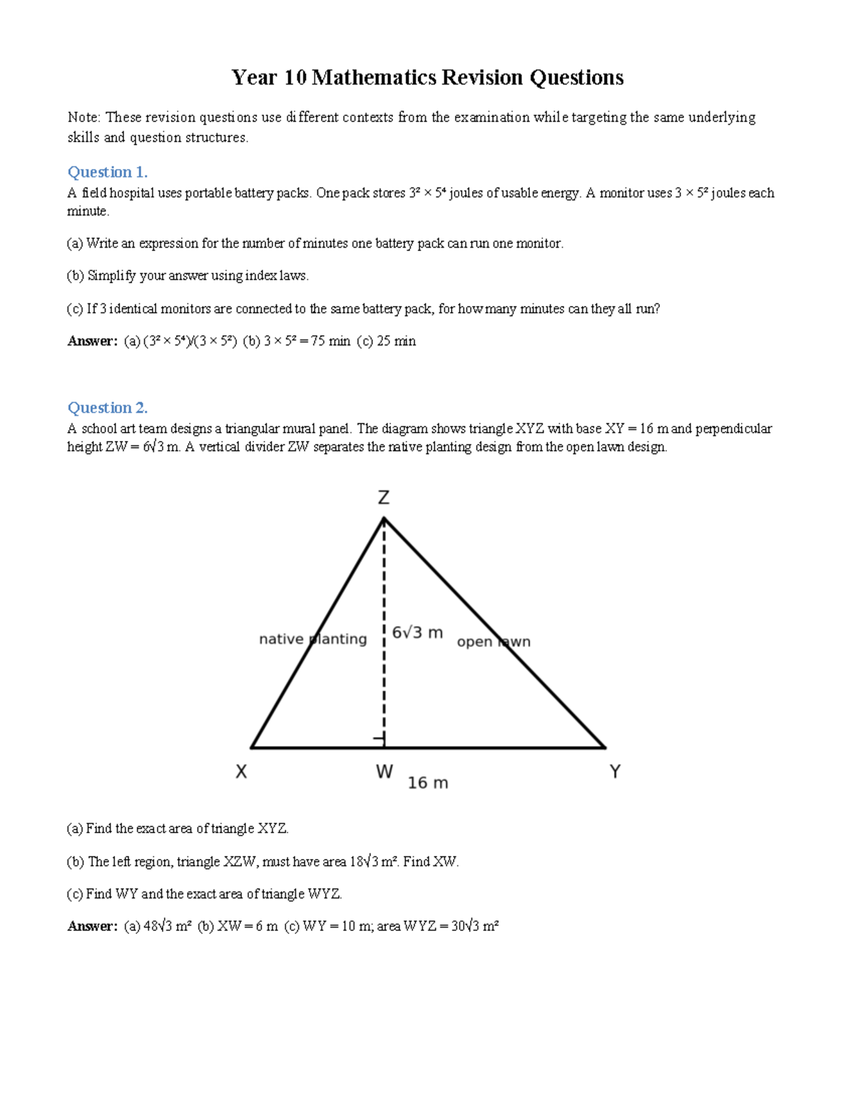 Year 10 Math Revision Questions - Studocu