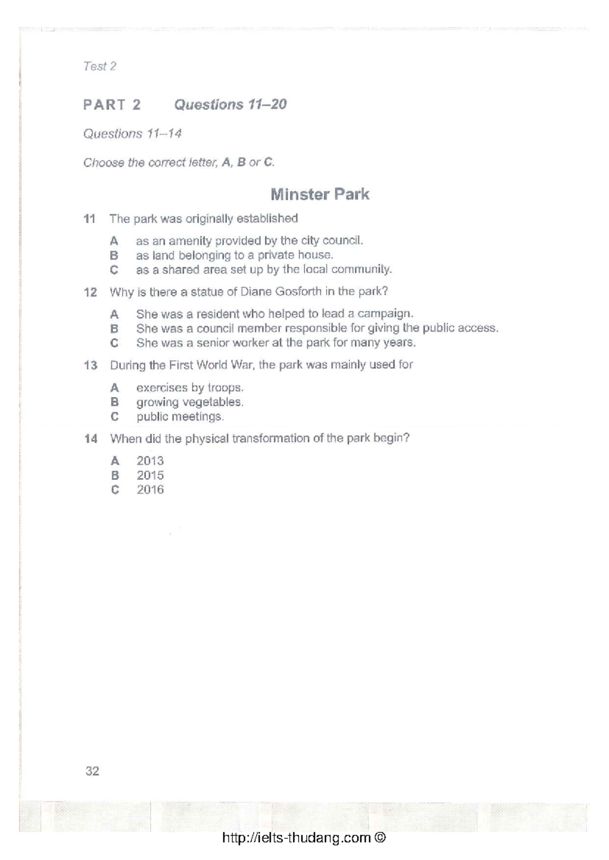 Test 2 Part 2: Multiple Choice Questions on Minster Park - Studocu