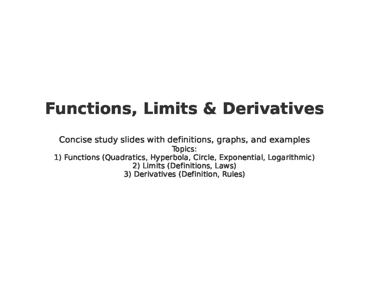 Calculus Study Slides: Functions, Limits, and Derivatives Overview - Studocu