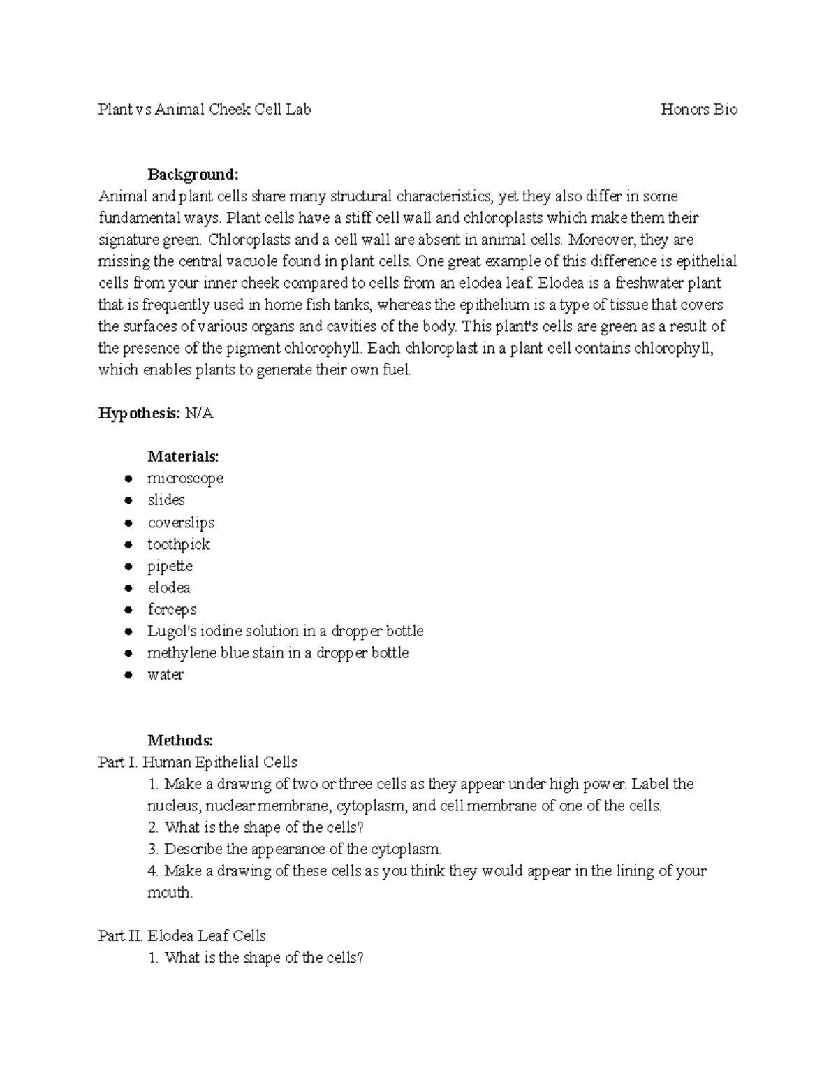 Plant vs Animal Cheek Cell Lab Report - Honors Bio Analysis - Studocu