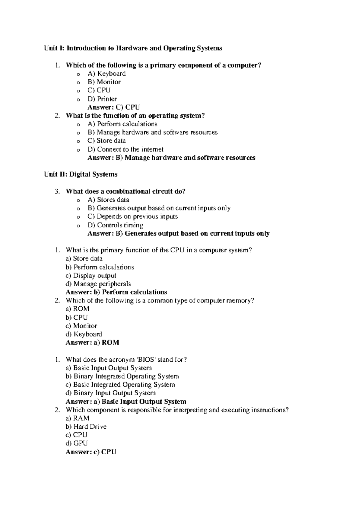 CSE211 Midterm MCQ: Introduction to Hardware & Operating Systems - Studocu