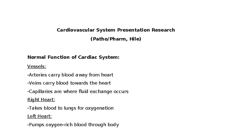Cardiovascular System Overview & Pharmacology (Patho/Pharm, Hile) - Studocu