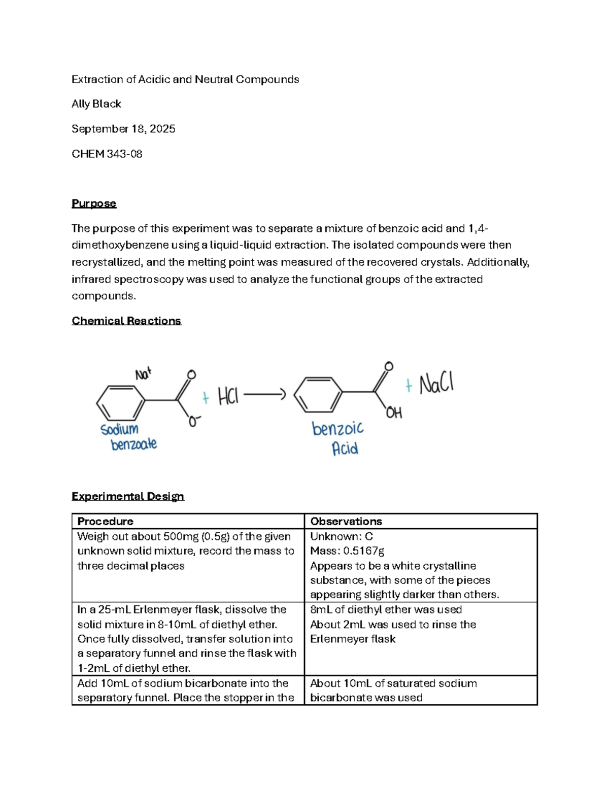 Orgo Lab Report 4: Extraction of Acidic & Neutral Compounds (CHEM ...