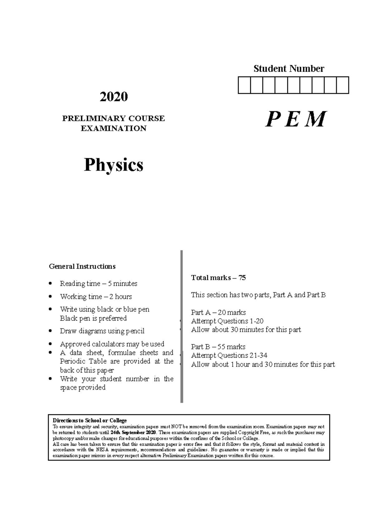 PEM 2020 Physics Preliminary Exam Paper: Full Format and Guidelines ...