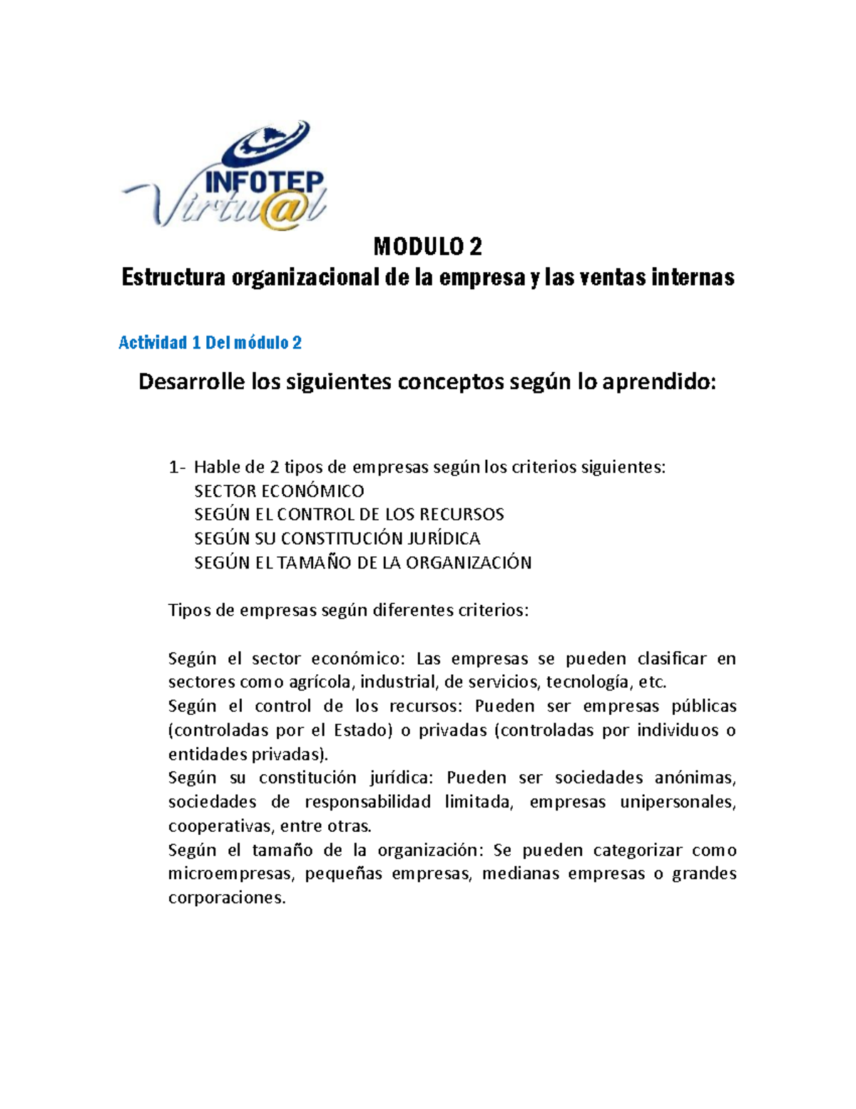 Actividad 1 Módulo 2: Estructura Organizacional y Ventas Internas - Studocu