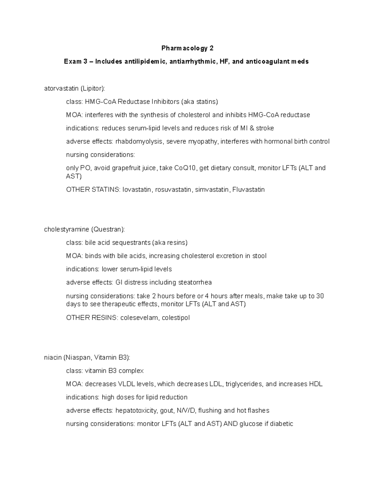 NUR 354 Exam 3 Study Guide: Pharmacology of Cardiac and Lipid Meds ...