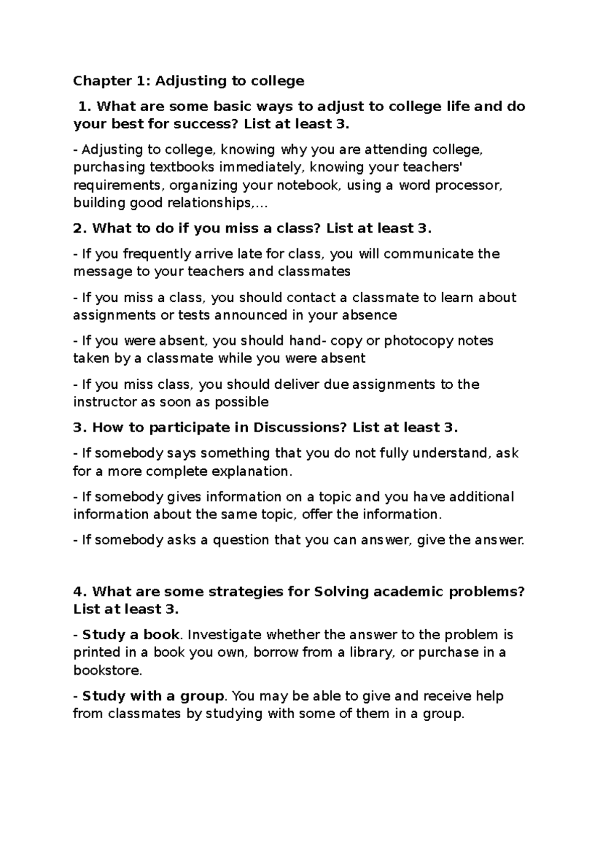 Chapter 1: Adjusting to College Life - Key Strategies and Tips - Studocu